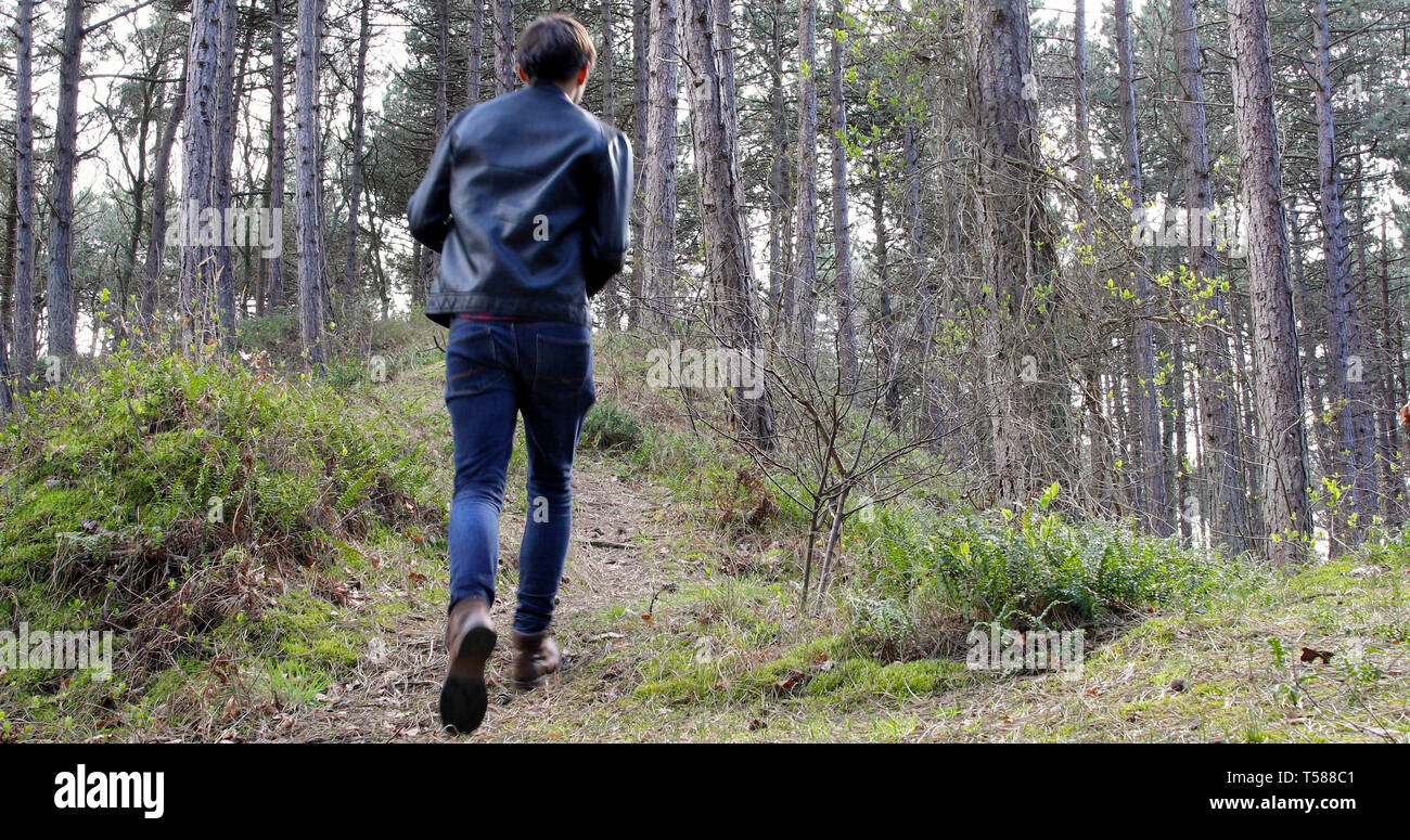 Shot from the back of a man hiking in the forest with blurred motion ...