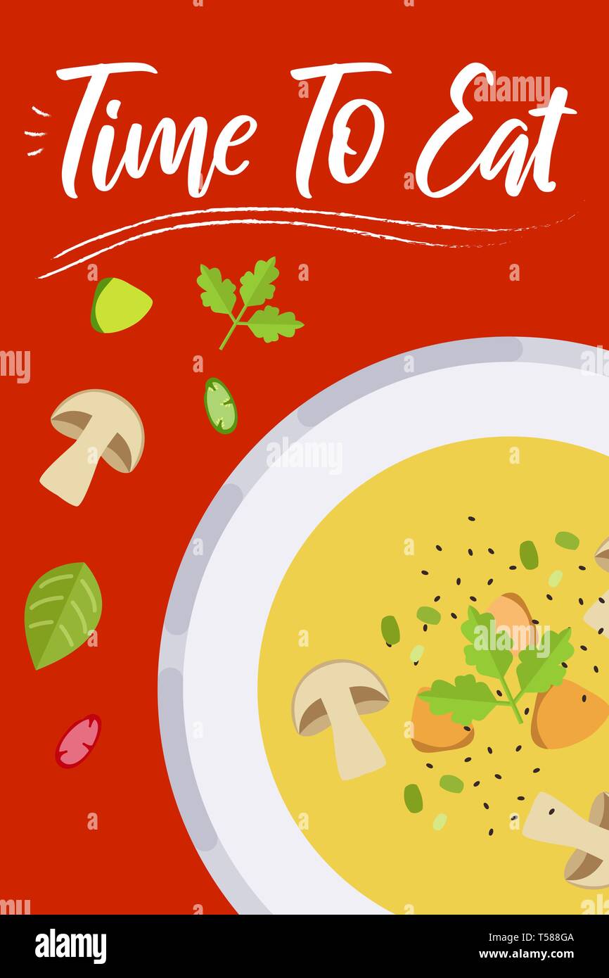 Soup on bright background in flat design style. Doodle elements. Flat ...