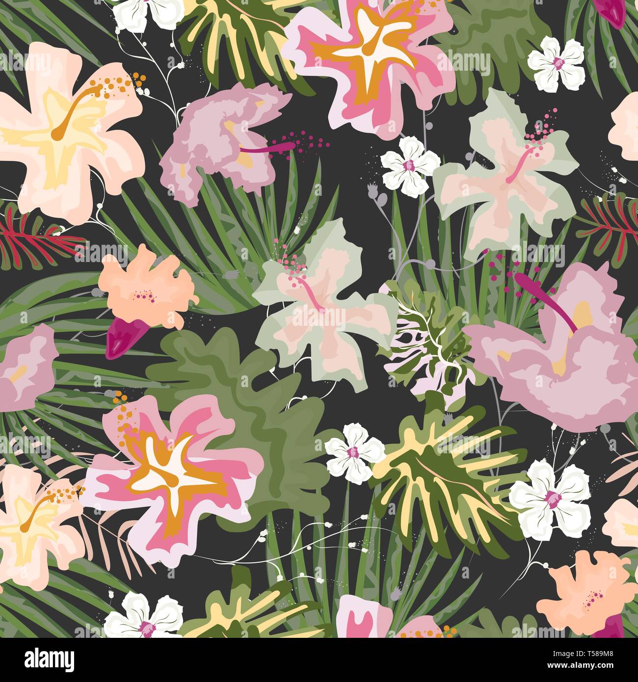 Seamless pattern of tropical flowers. Vector illustration. Summer print ...