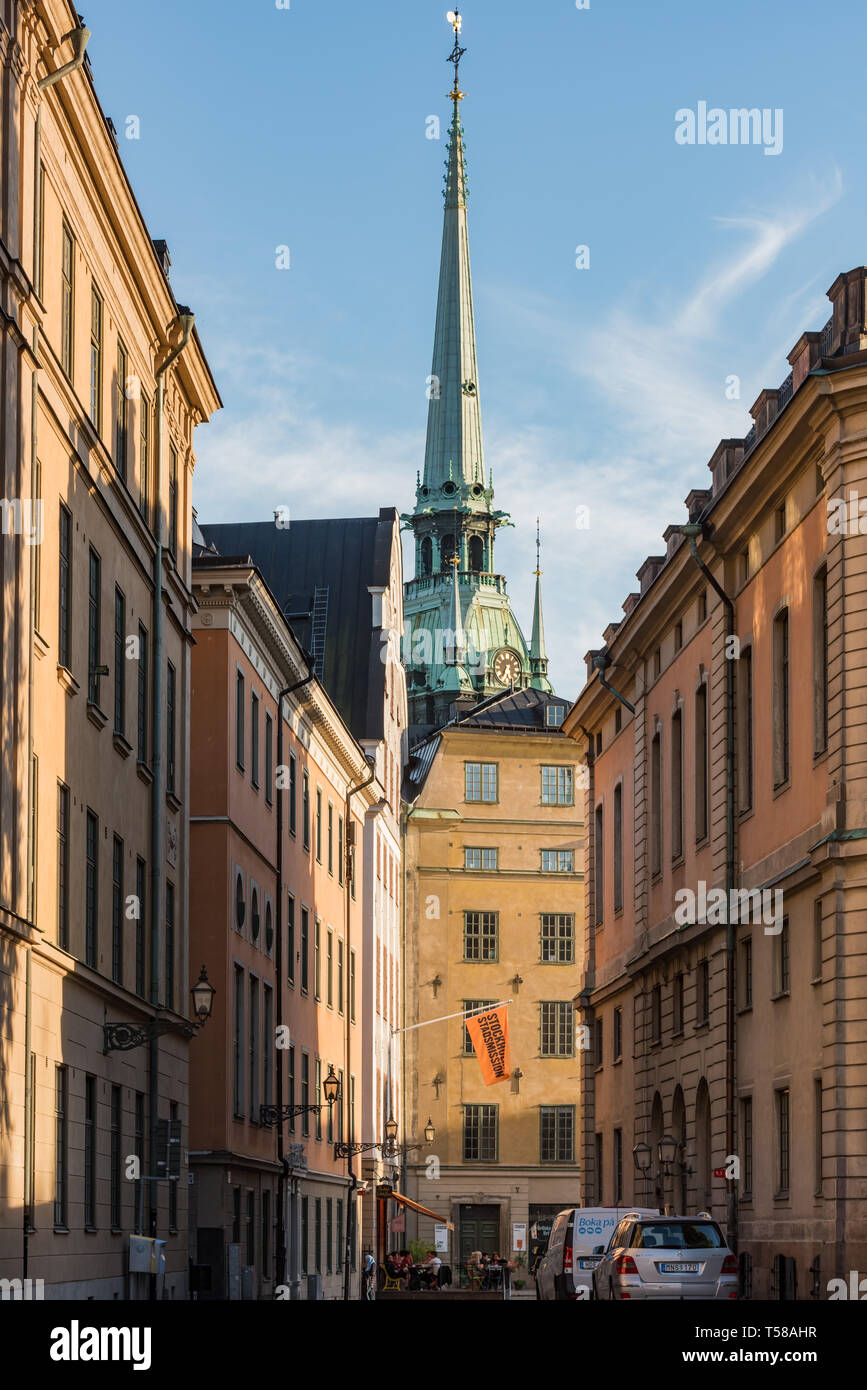 The spire of St:a Gertrud, Tyska Kyrkan, (the German Church) towers ...