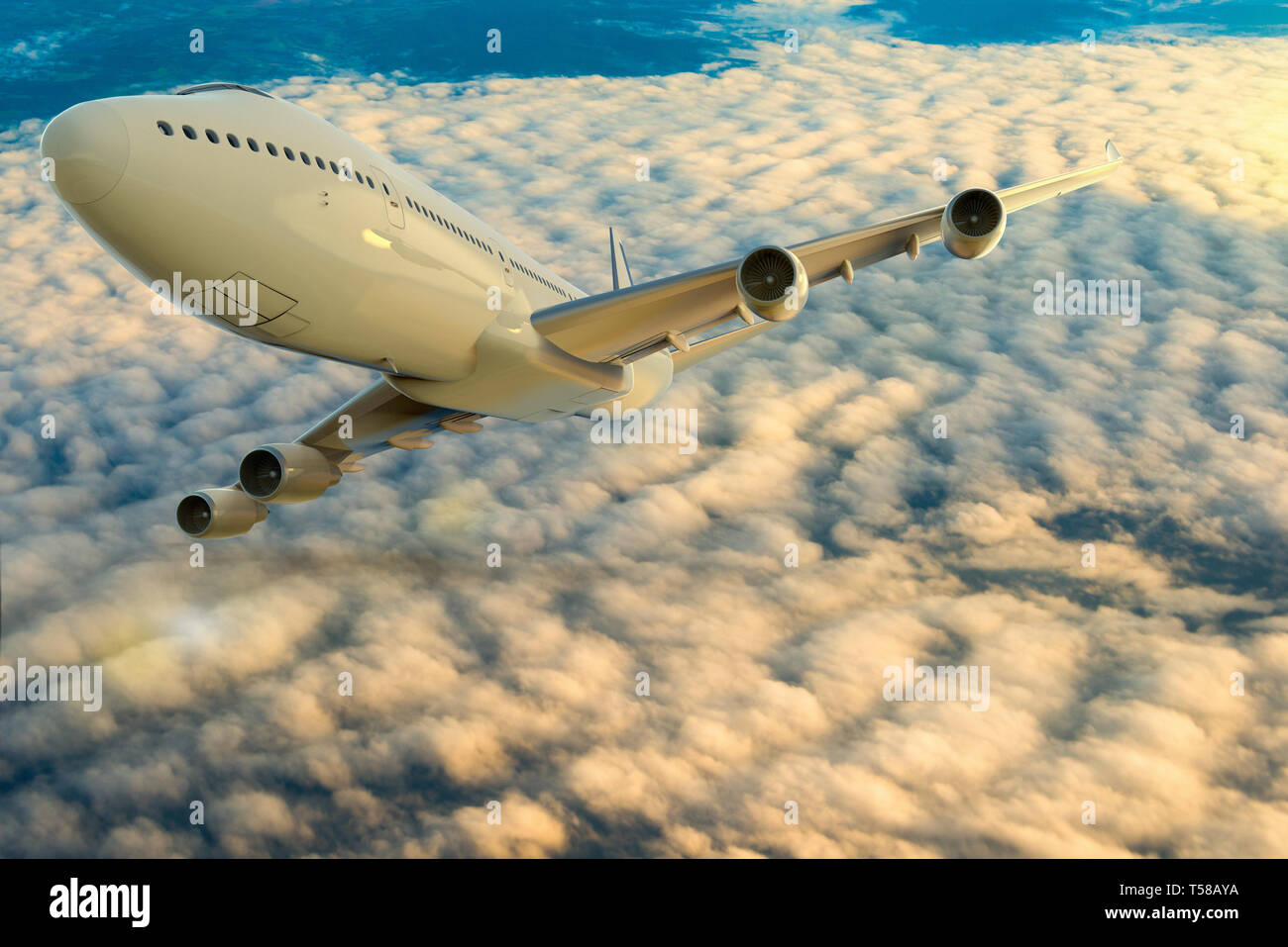 3D rendering of a commercial airplane on flight over the clouds Stock ...