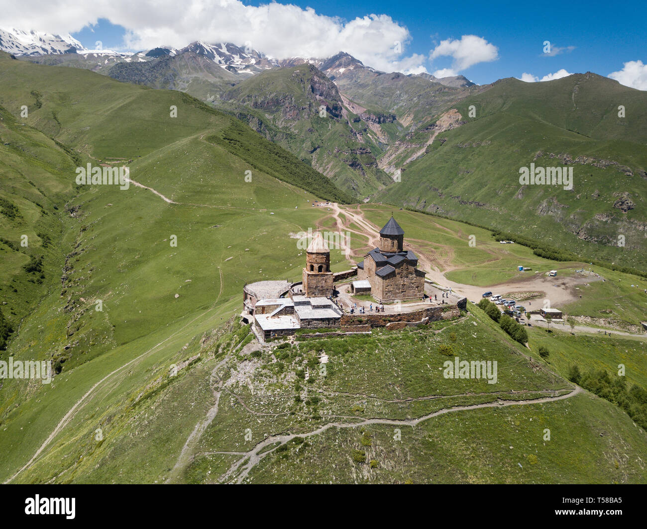 Aerial view to Gergeti Trinity Church or Tsminda Sameba, Holy Trinity ...