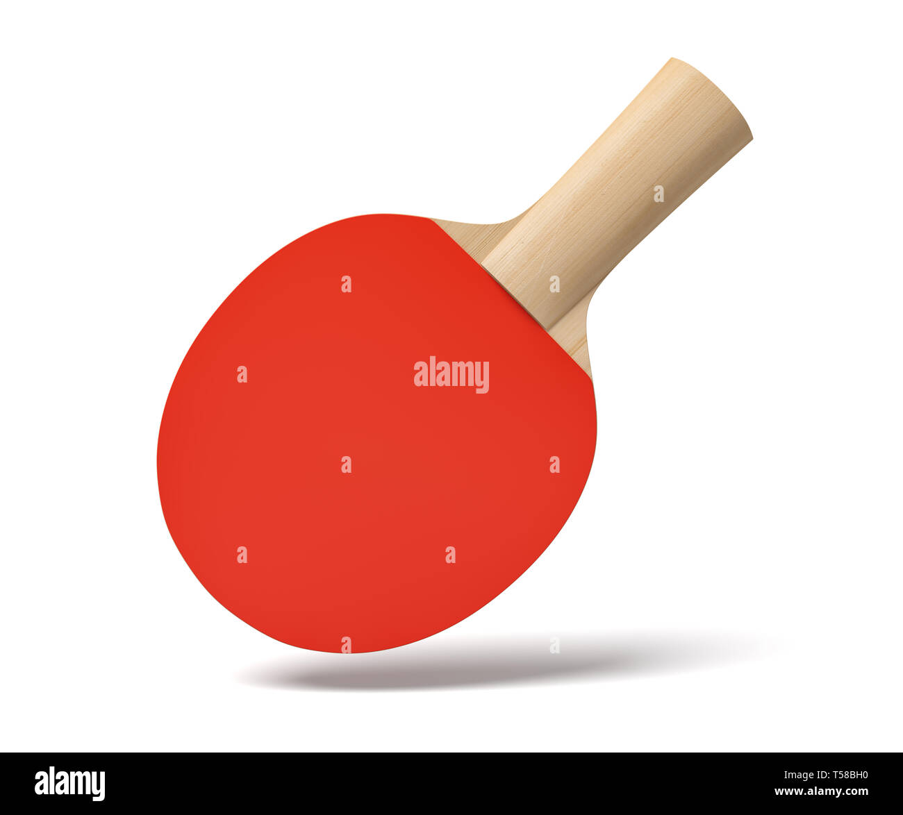 3d close-up rendering of ping pong racket with wooden handle and red ...