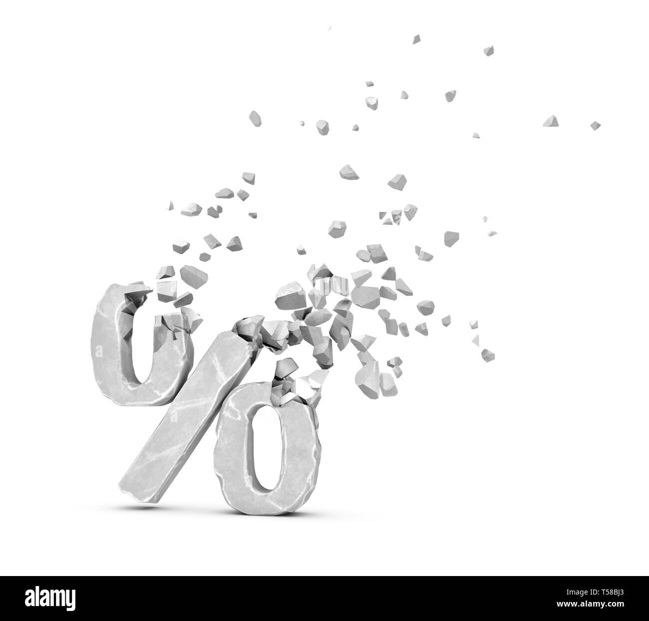 3d rendering of grey percent sign shattering into small pieces isolated ...