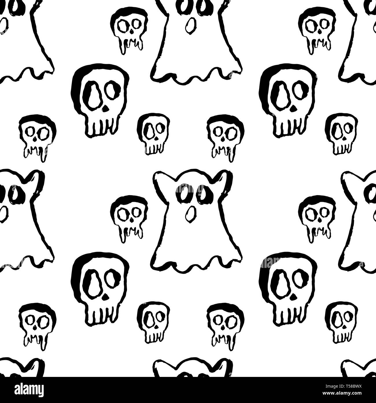 Ghost and skull seamless pattern. Modern grunge dry brush vector ...
