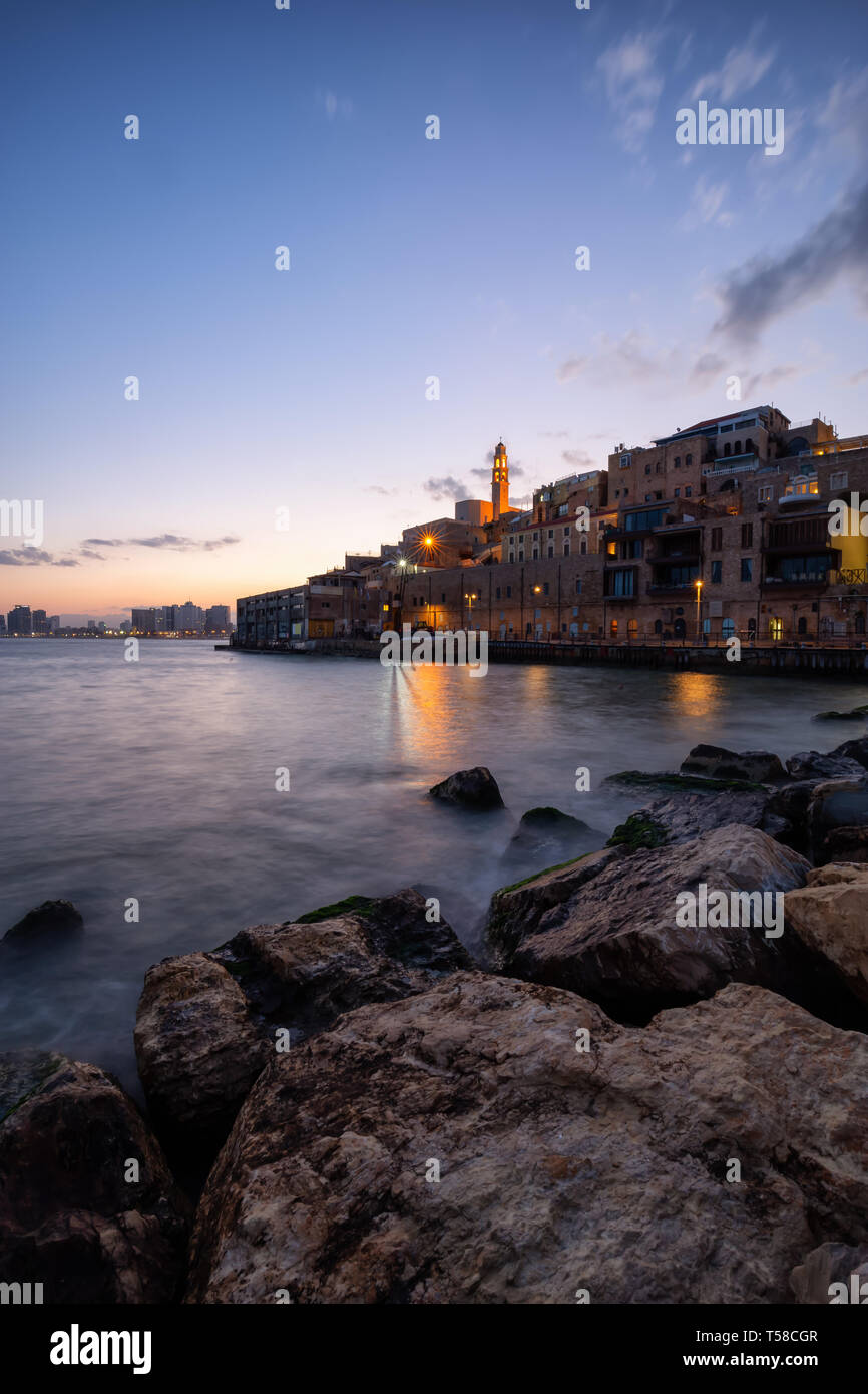 Beautiful view of a Port of Jaffa during a colorful sunrise. Taken in ...