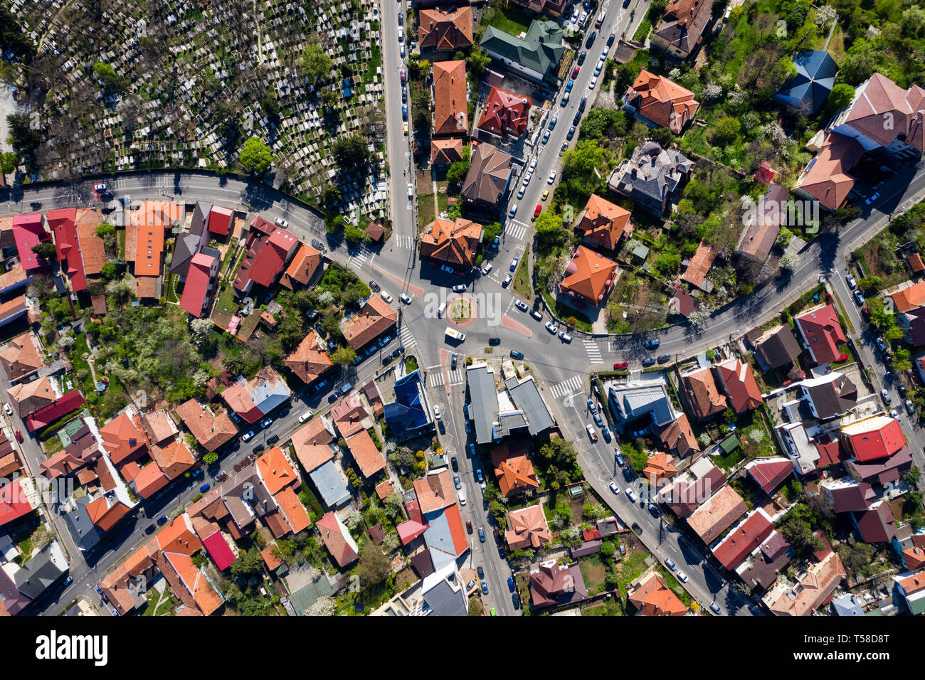 Aerial view of intersection of seven streets in old city from a drone ...