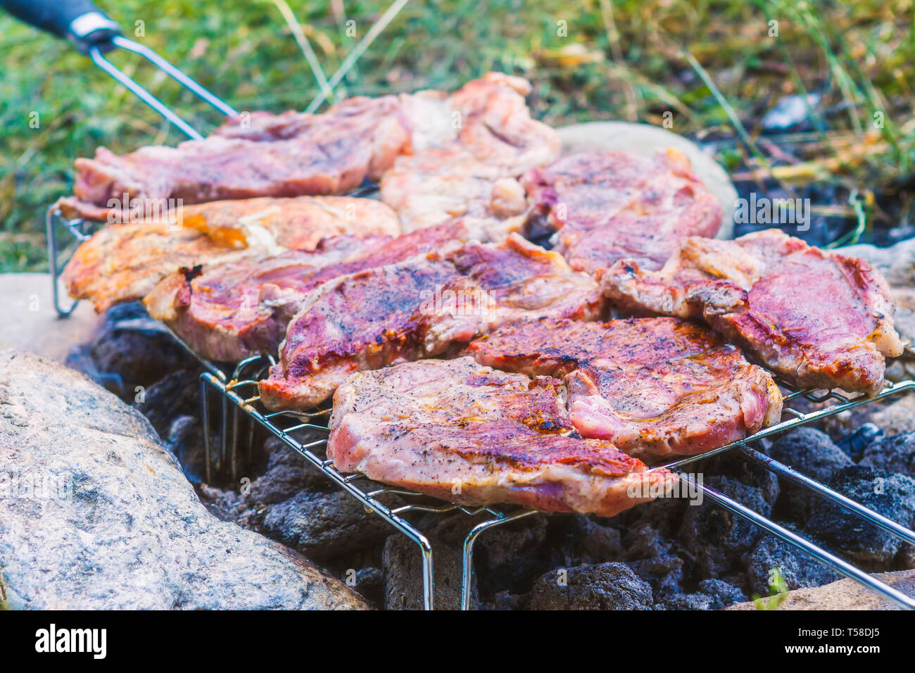 Outdoor grilling pork meat on charcoal grill fire Stock Photo - Alamy