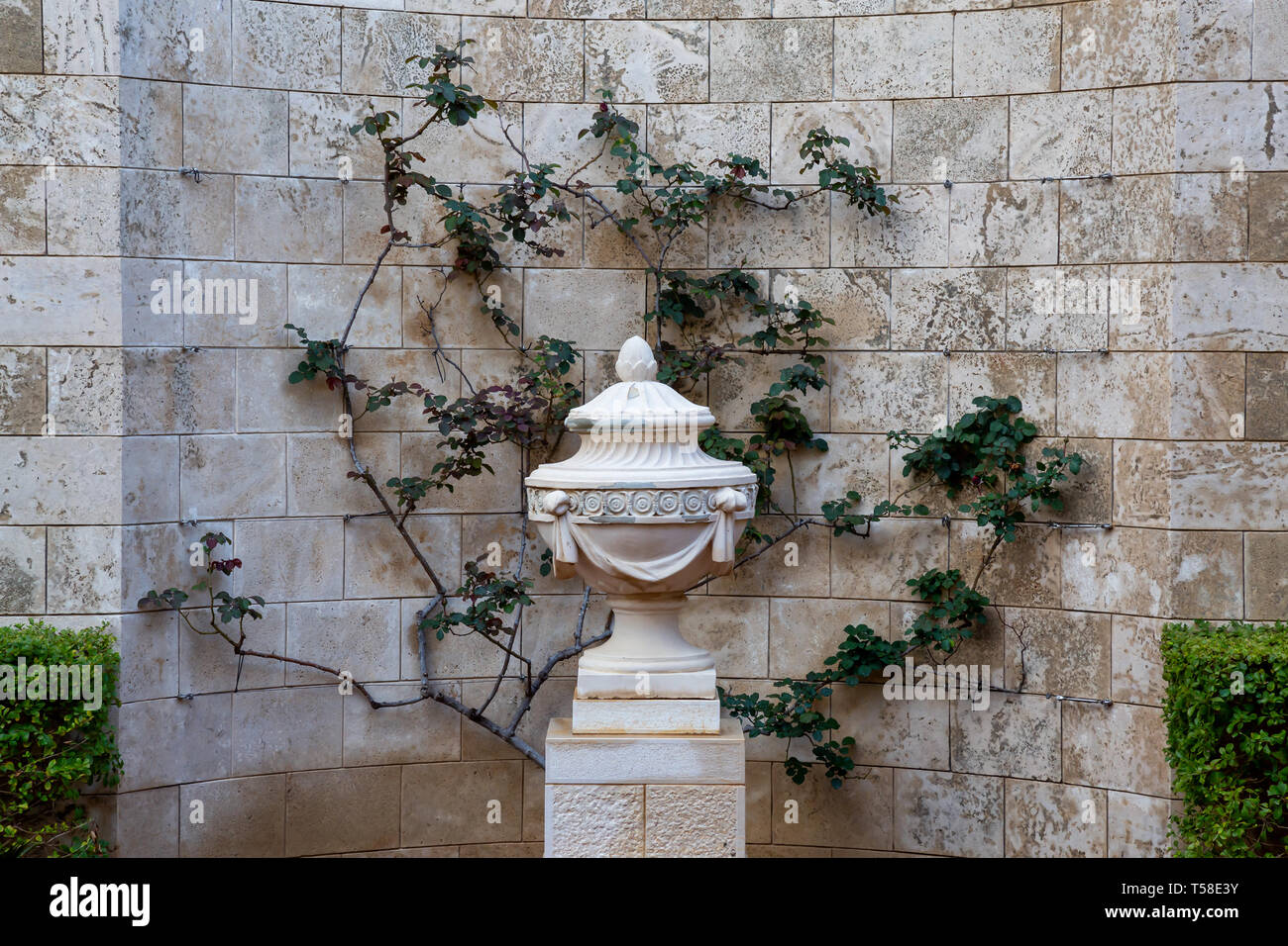 Beautiful vase with a stone wall background in Bahai Gardens. Taken in ...