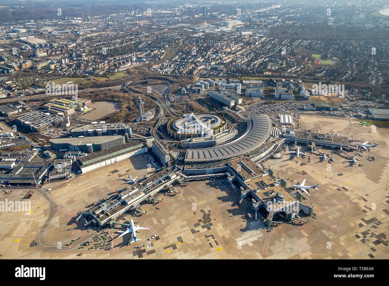 Aerial view, Dusseldorf International Airport, terminal building A B C ...