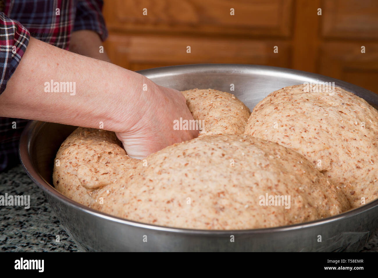 Woman punching down multigrain bread dough. (MR Stock Photo - Alamy