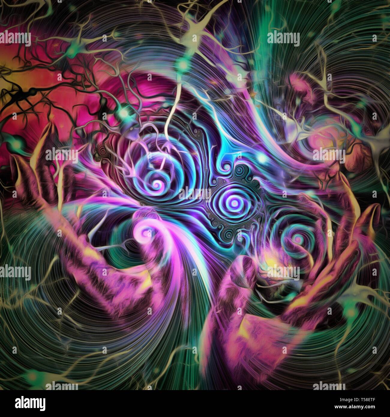 Surreal painting. Hands of God and neurons Stock Photo - Alamy