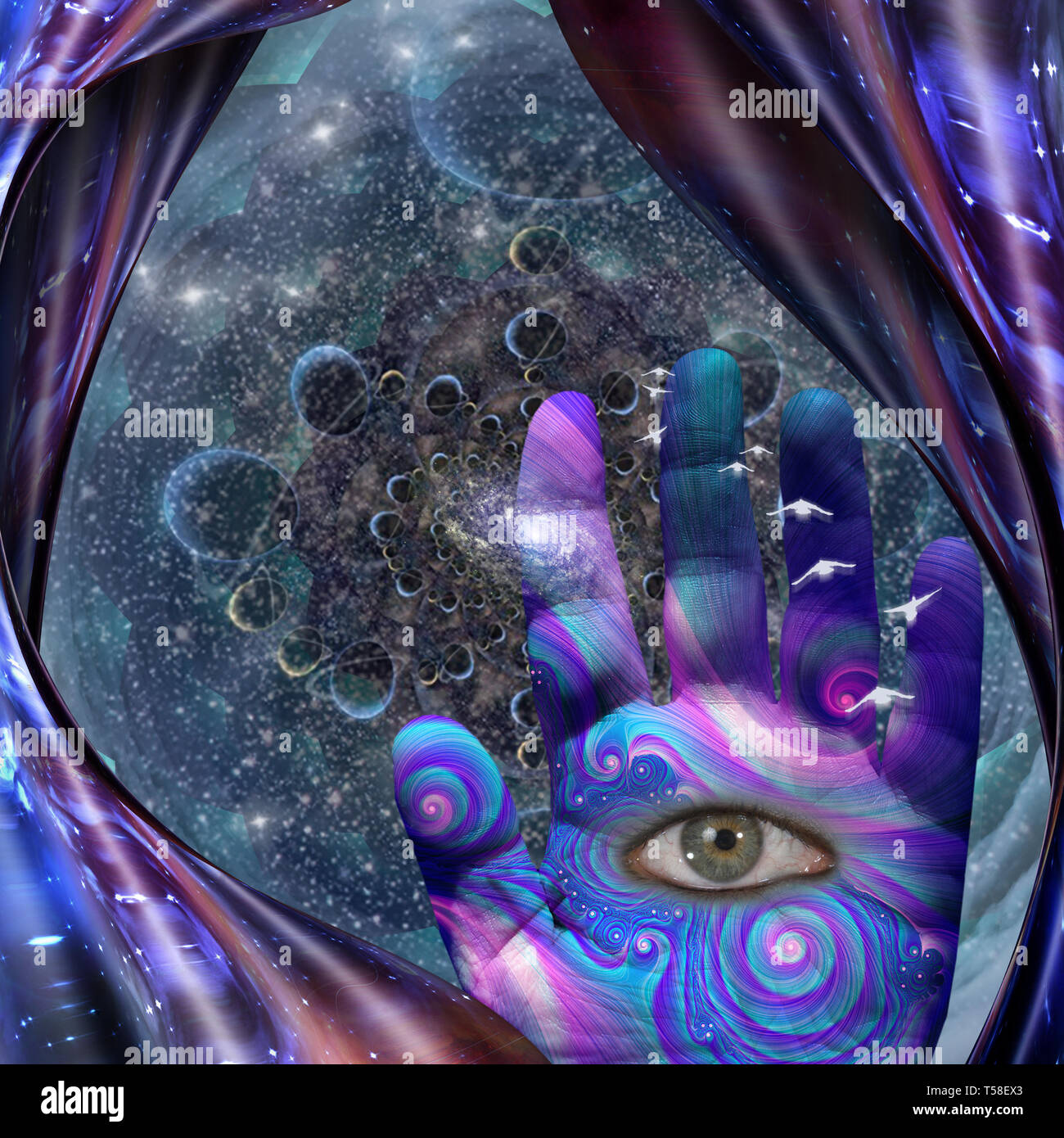 Surreal composition. Eye in human palm. Warped space Stock Photo - Alamy