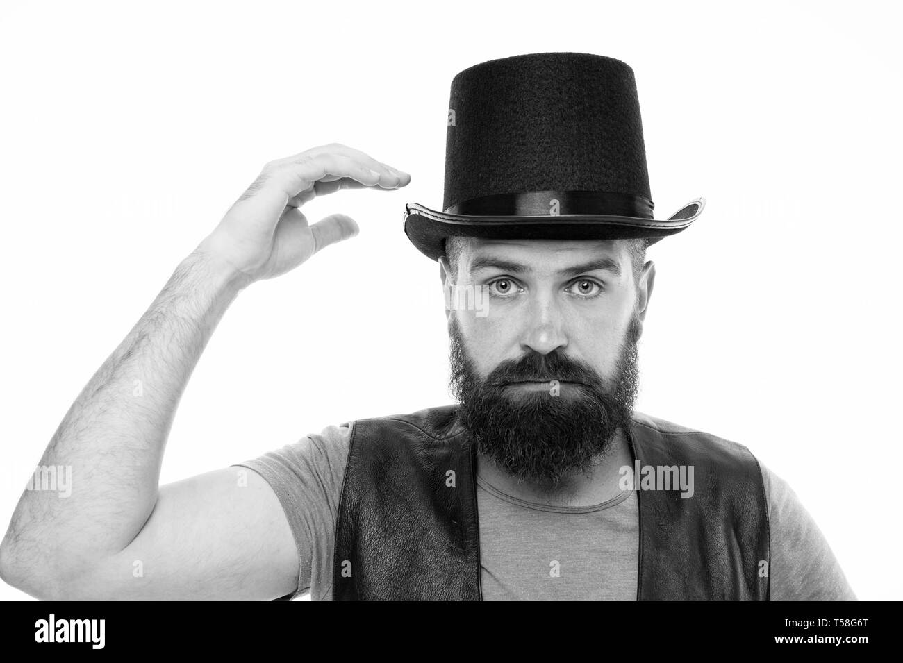 Let me show some magic. Man bearded hipster cylinder hat. Illusionist ...