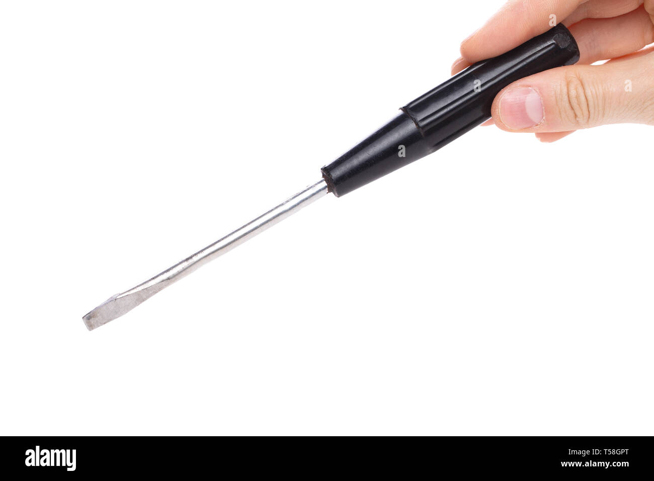 Hand with black screwdriver isolated on white background Stock Photo ...
