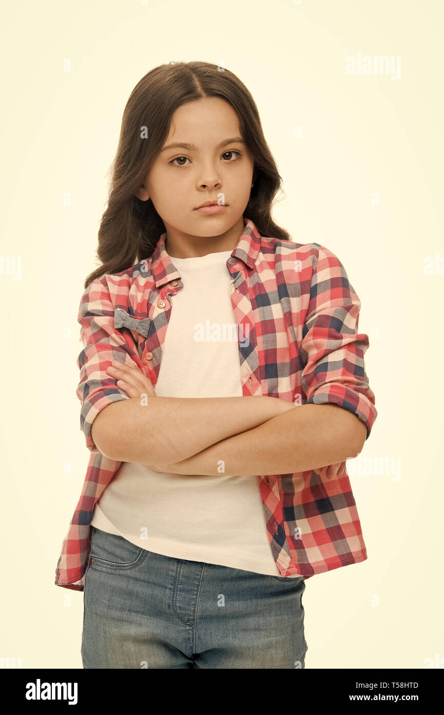 Girl keep arms crossed isolated on white. Little child with cute face ...