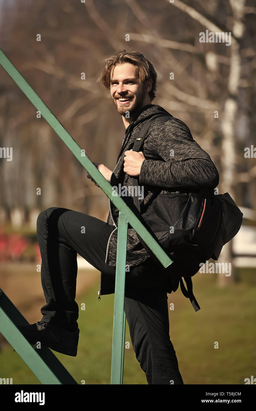 Motivated to move on. Man handsome guy enjoy morning park background ...