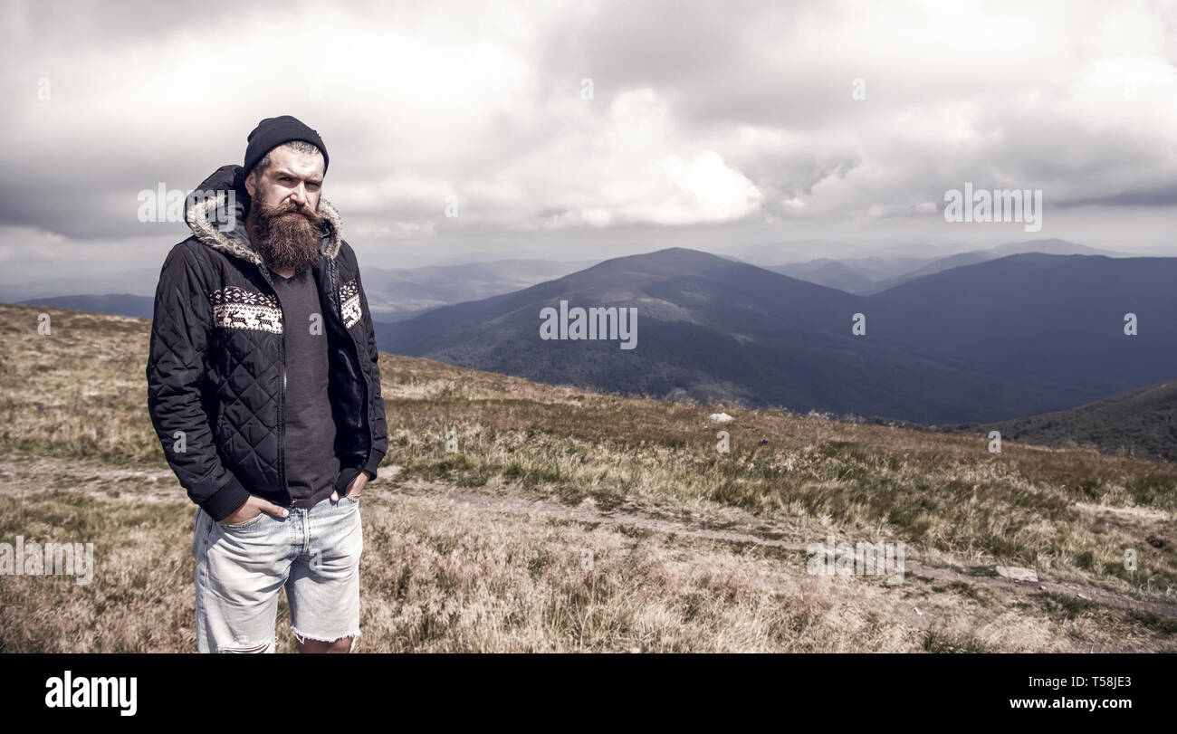 bearded man, long beard, brutal caucasian hipster with moustache ...