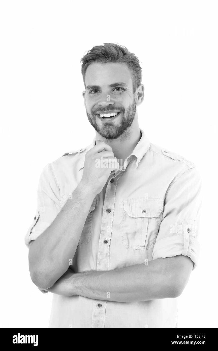 Nice Idea Man Handsome Bearded Guy Smiling On White Background
