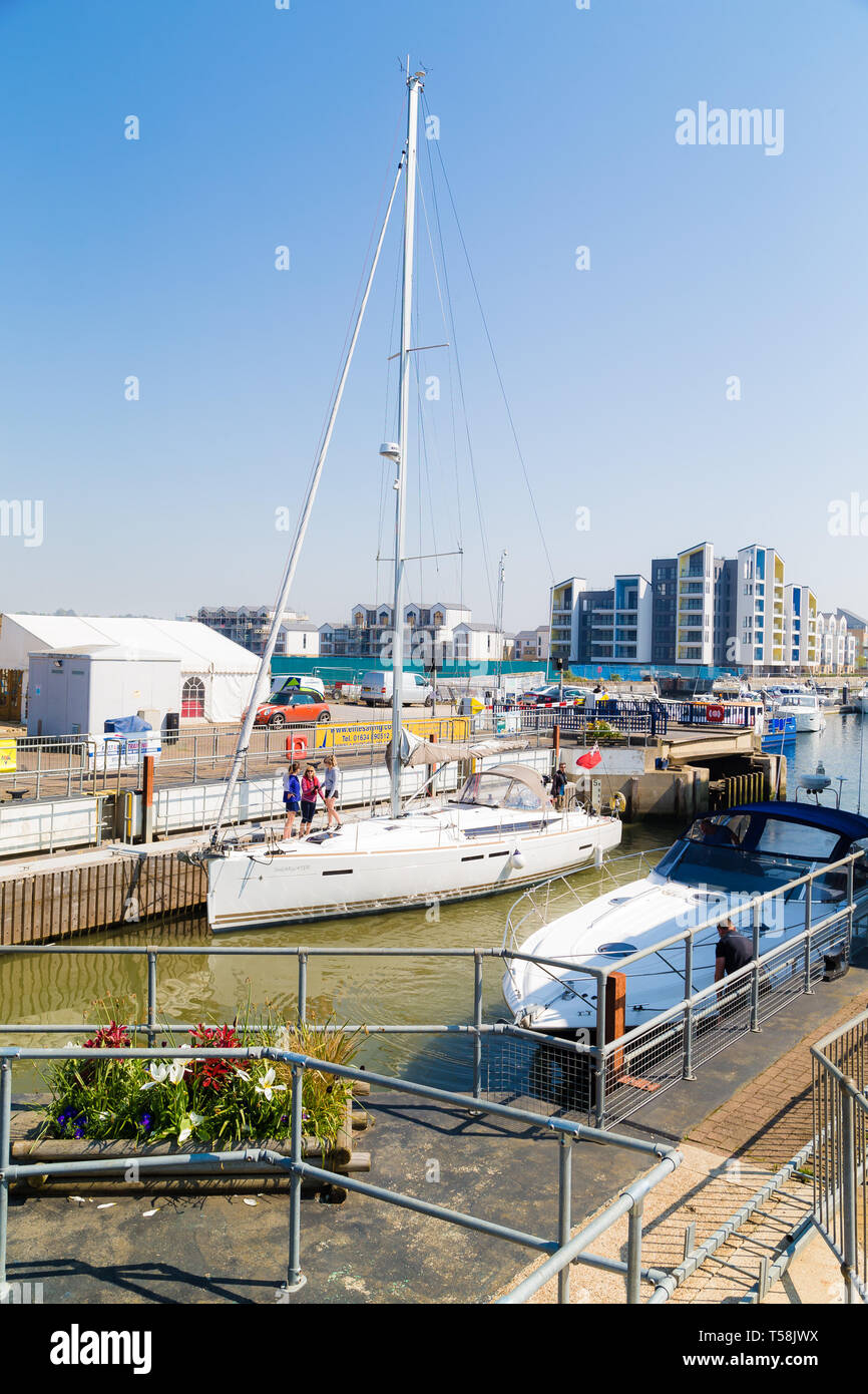 Chatham, Kent. UK. Boats in the lock at Chatham Maritime Marina as the ...