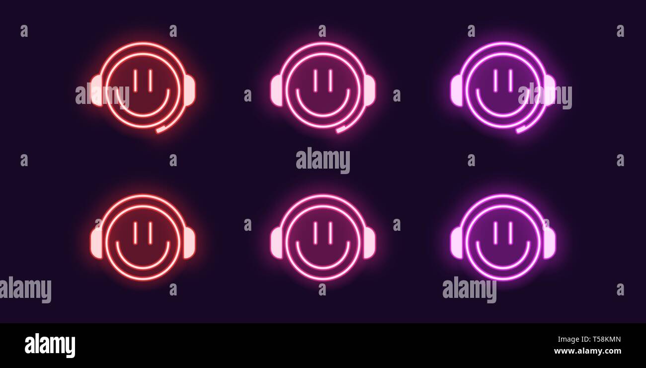 Neon icon set of emoji Gamer with Smile and Headphones. Glowing Neon ...