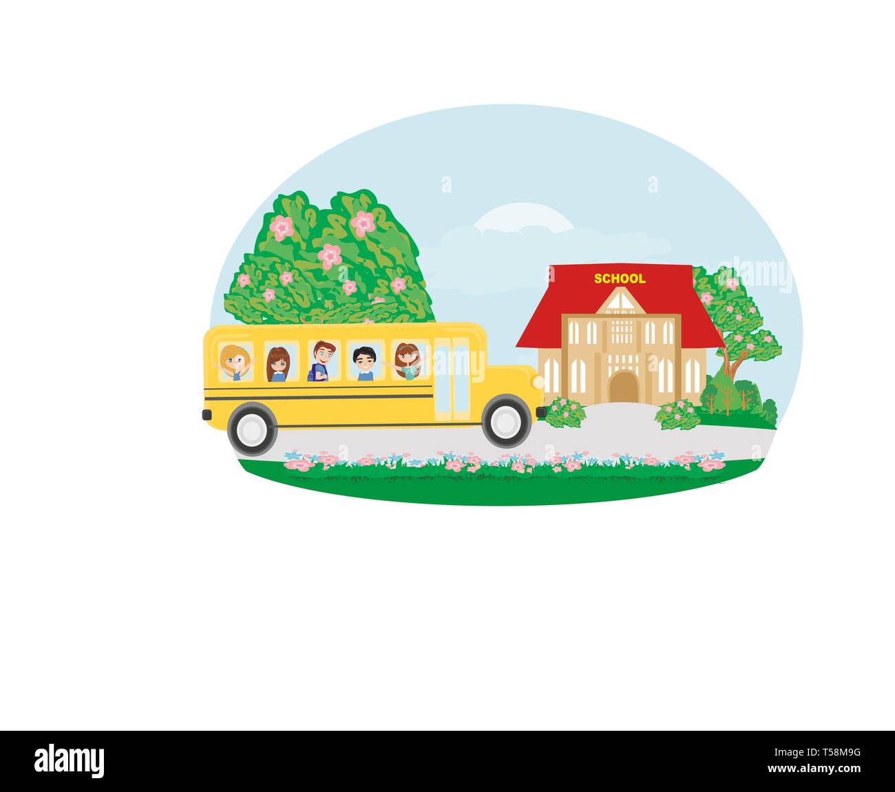 School bus heading to school with happy children Stock Vector Image ...
