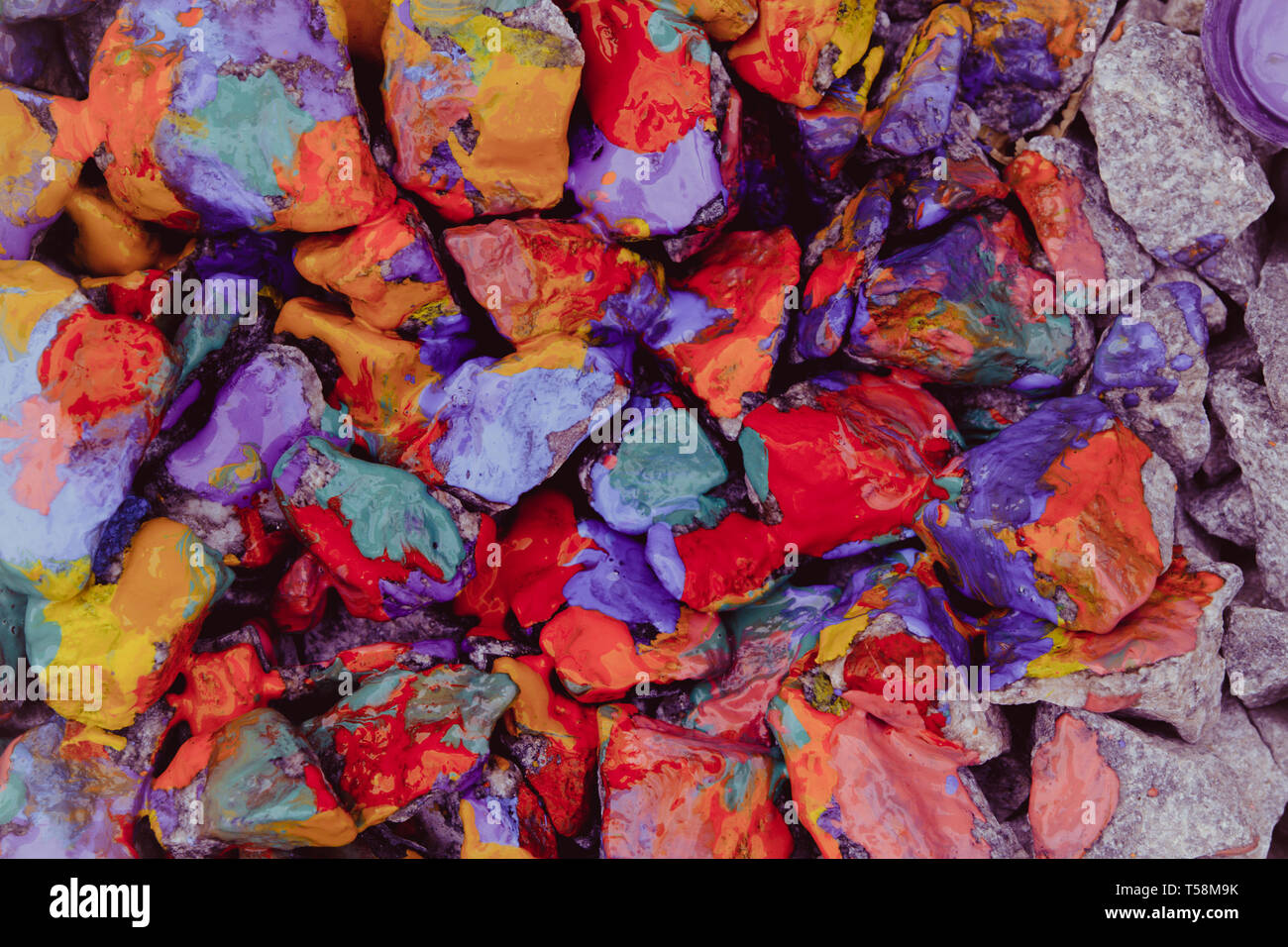 view from above, flat line stones covered with colored paint Stock ...