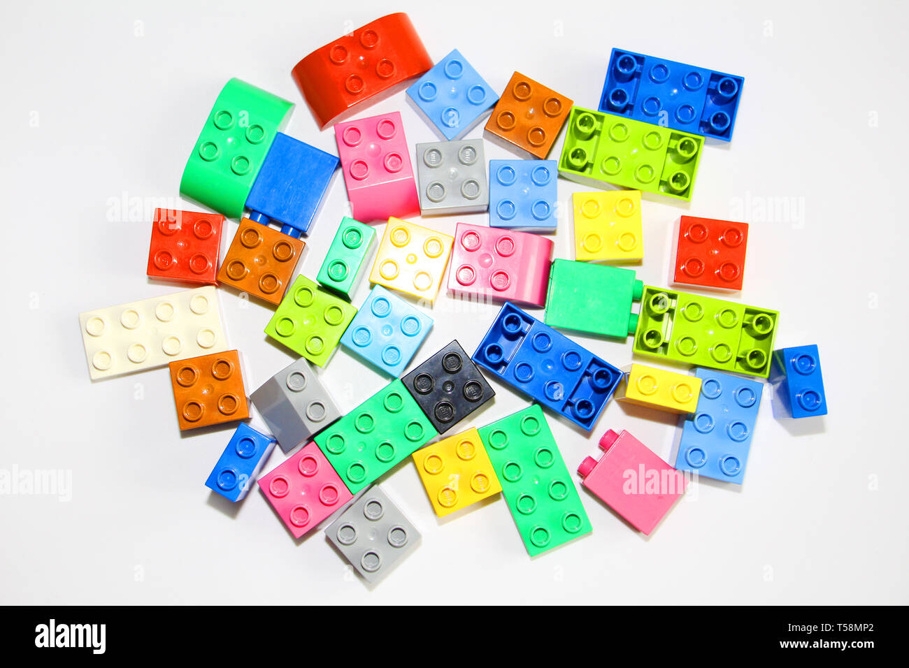 Moscow, RF, 04.09.2019: Plastic building blocks on a white background ...