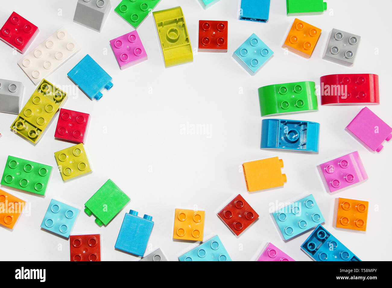 Moscow, RF, 04.09.2019: Plastic building blocks on a white background ...