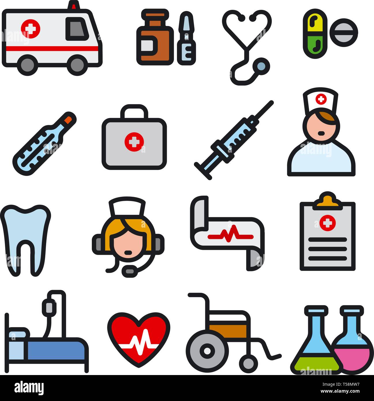 illustration set of black outlines filled color medicine icons Stock ...