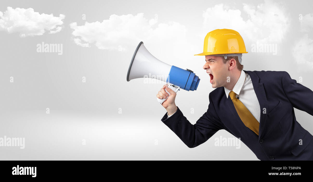 Young supervisor architect yelling to far big city panorama Stock Photo ...