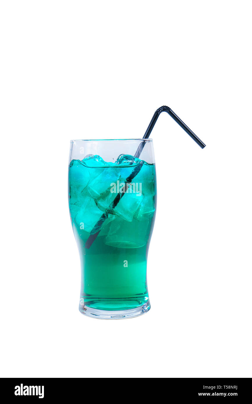 Single-colored transparent cocktail, blue refreshing carbonated in a ...