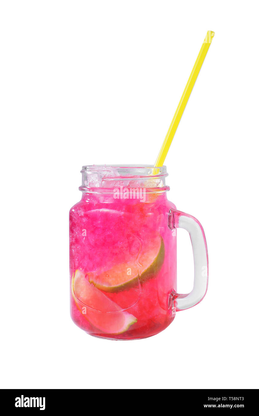 A single-colored, red pink cocktail, cold tea in a glass jar with fine ...