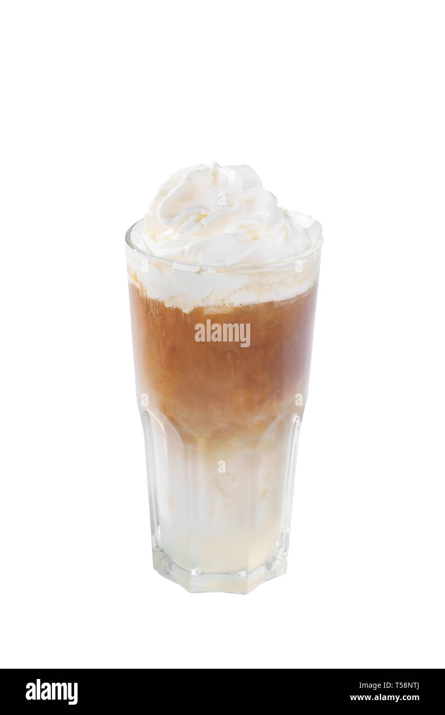 A multi-colored, two-layer opaque cocktail in a tall glass with chopped ...