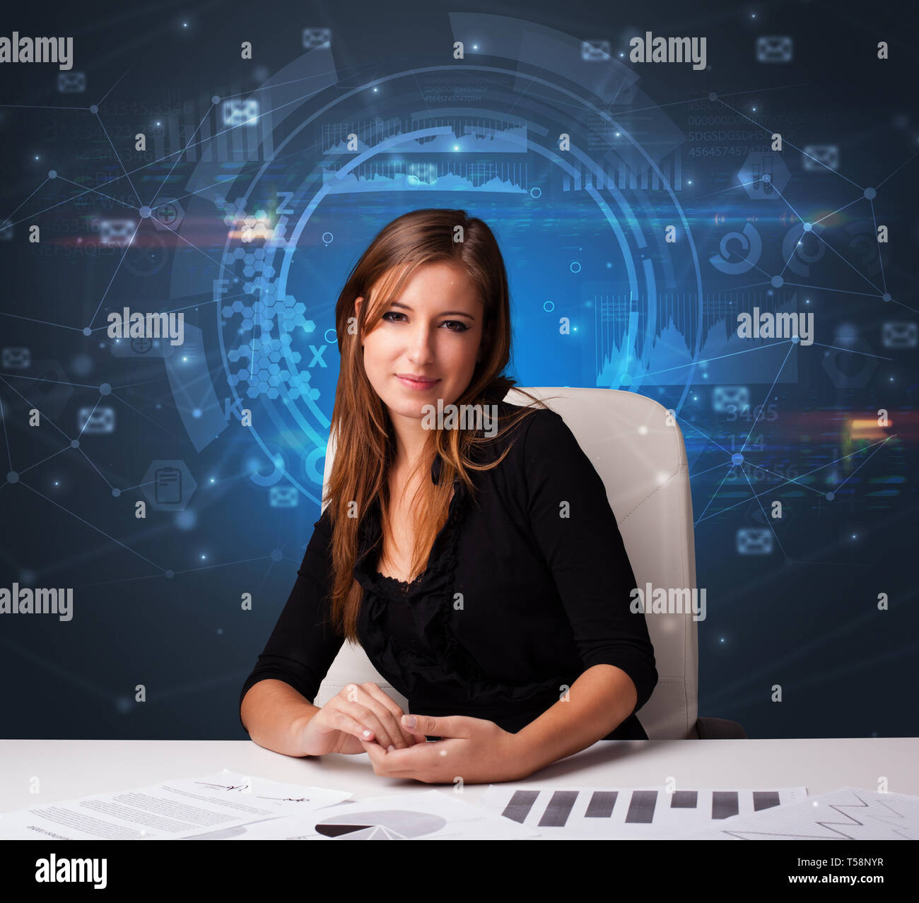 Manager in front of the office desk with connections and teamwork ...