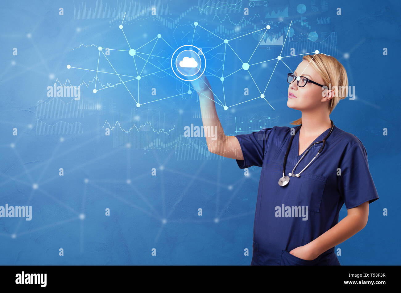 Doctor touching blue screen with virtual hospital concept Stock Photo ...