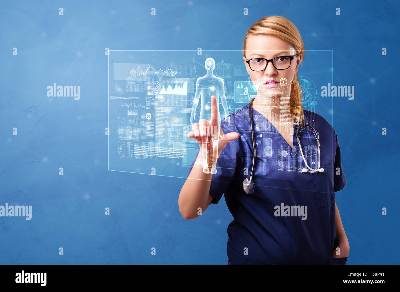 Doctor touching blue screen with full body analyze concept Stock Photo ...