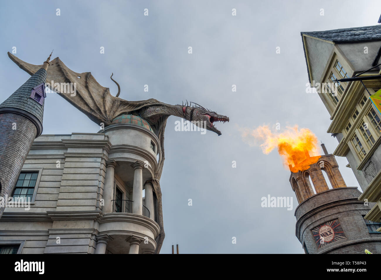 Looking up at the fire breathing Dragon and buildings, Diagon Alley in ...