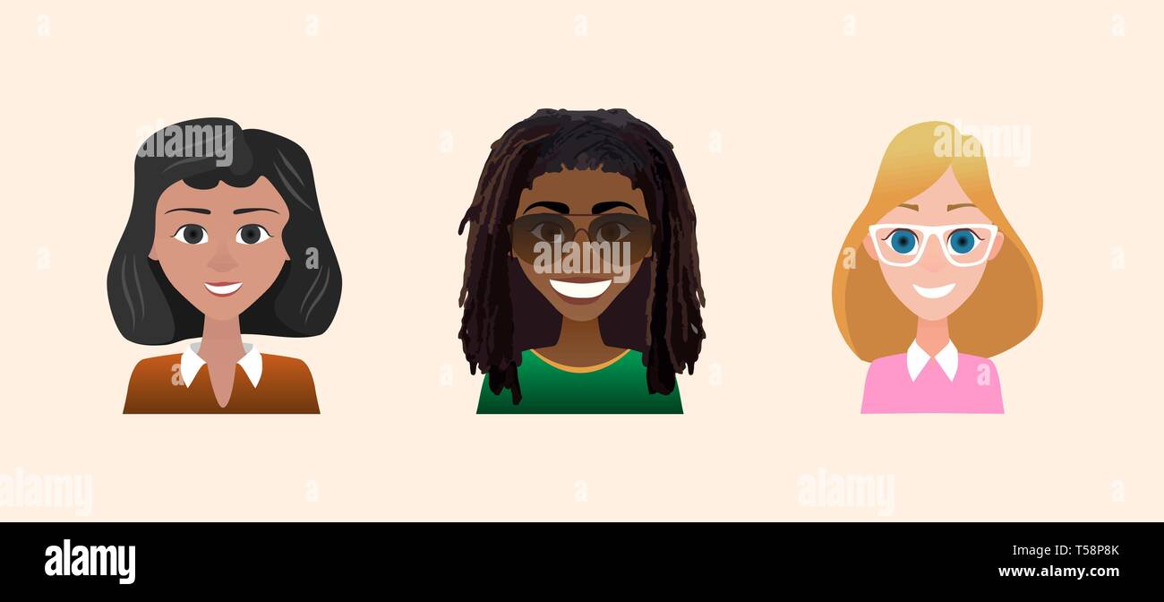 Characters avatars woman female profile in flat cartoon style color ...