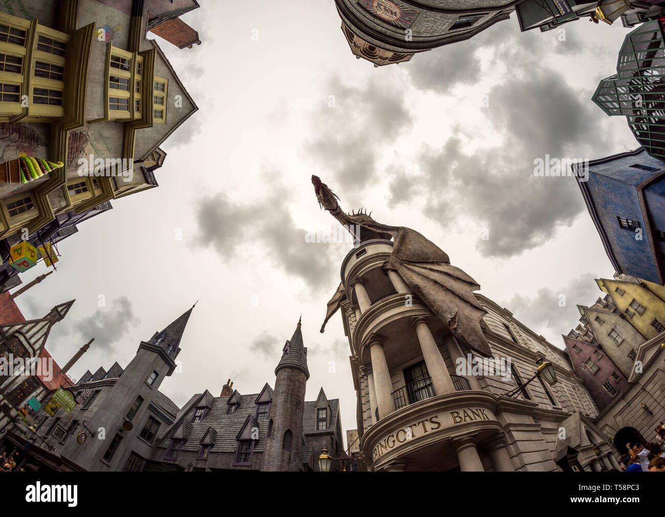 Looking up at the fire breathing Dragon and buildings, Diagon Alley in ...