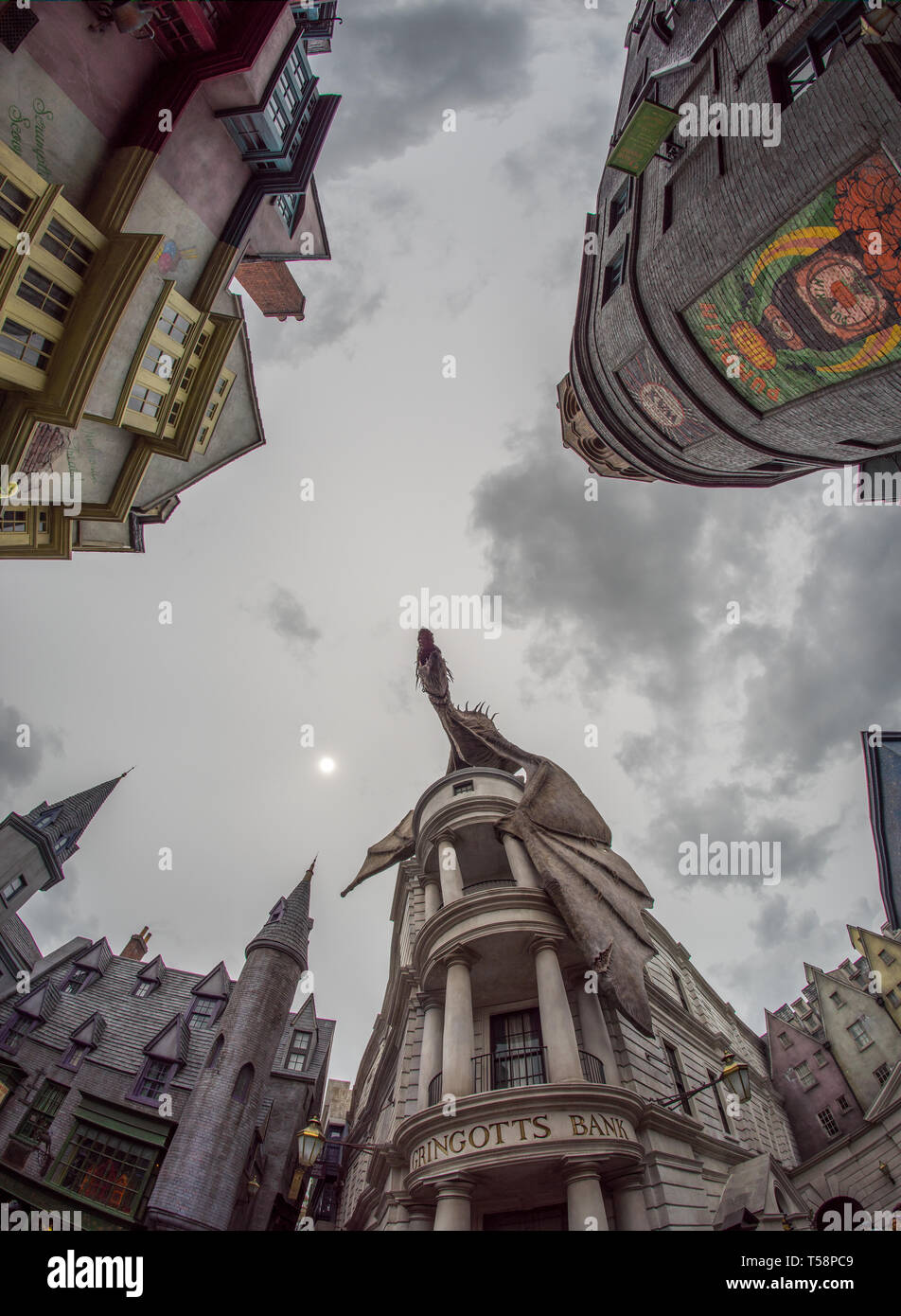 Looking up at the fire breathing Dragon and buildings, Diagon Alley in ...