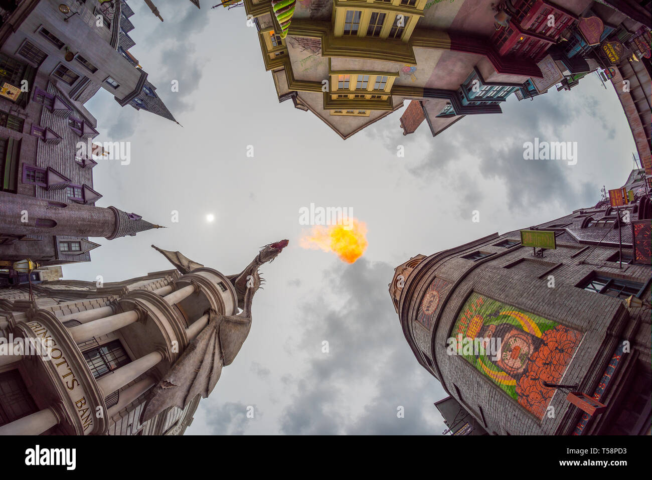 Looking up at the fire breathing Dragon and buildings, Diagon Alley in ...