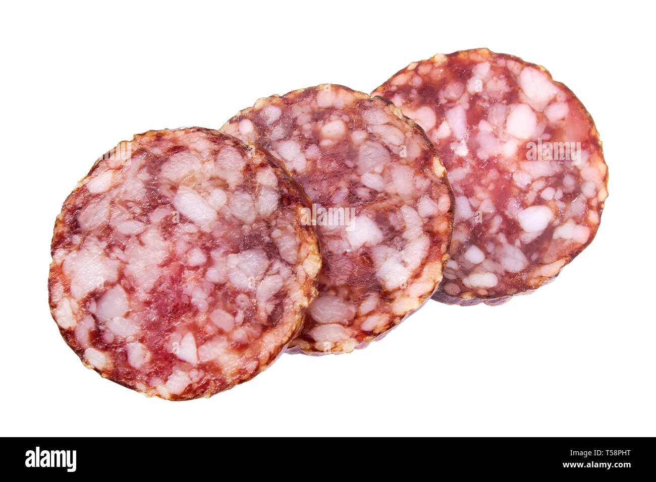 Sliced salami slices closeup isolated on white Stock Photo - Alamy