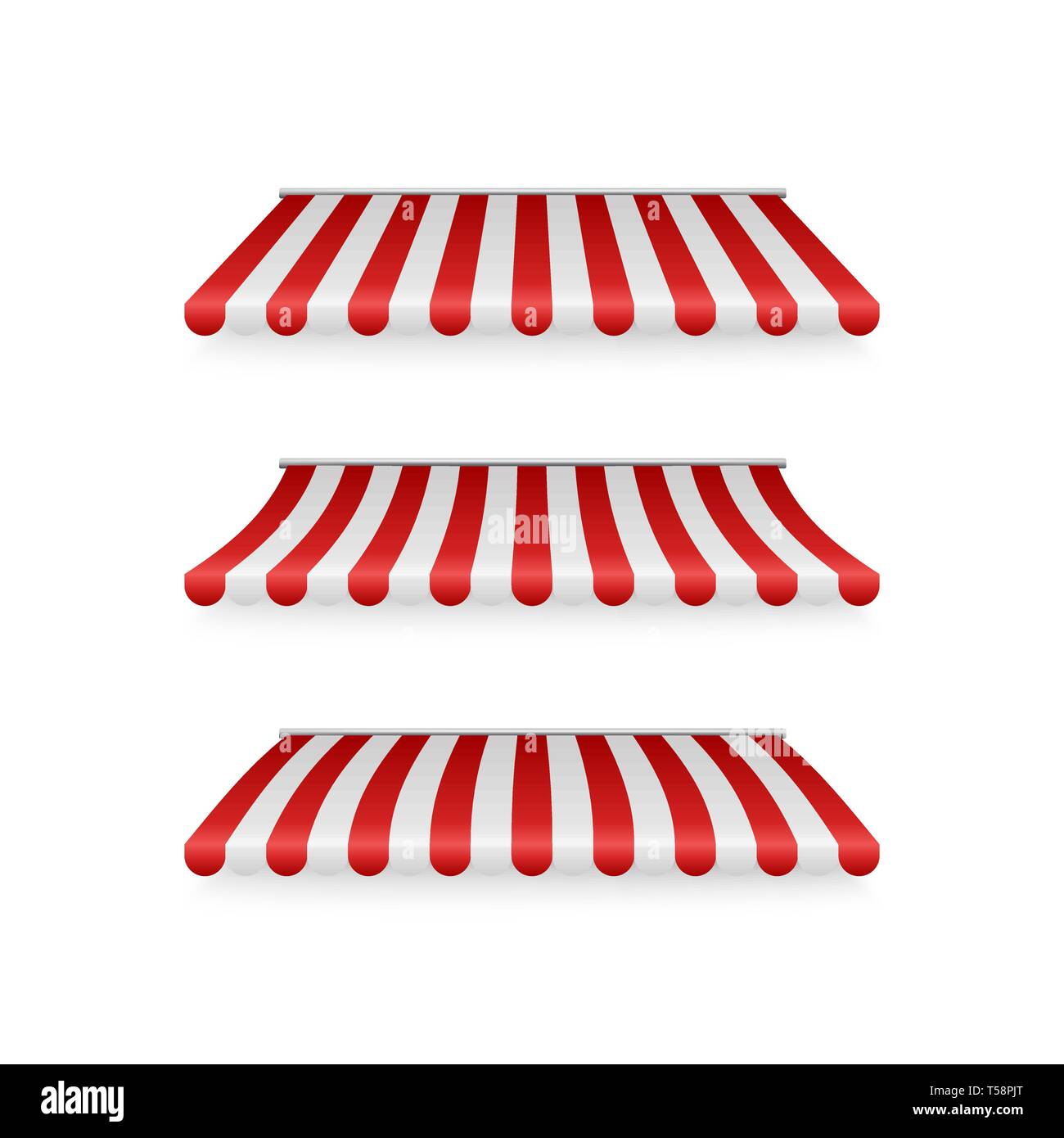 Realistic set of striped red and white awnings. Tents or textile roofs for retail shop. Vector ...