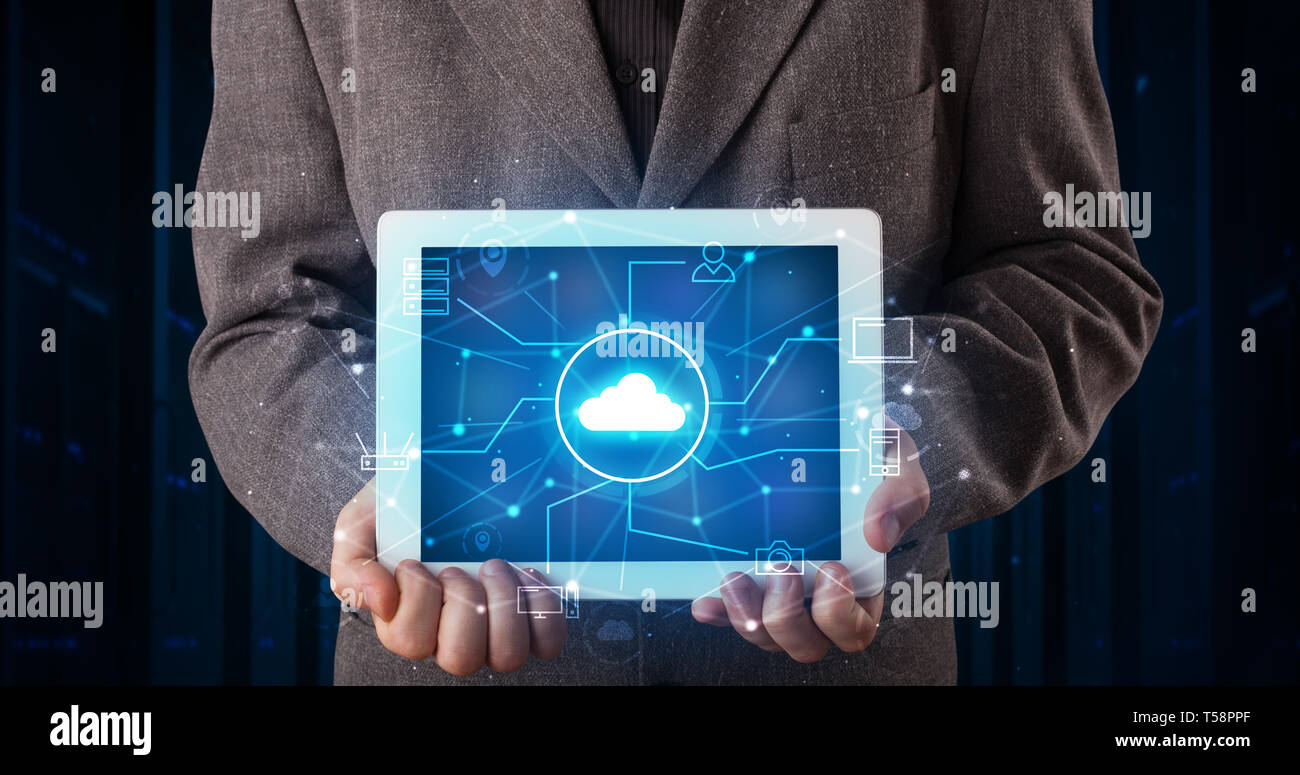 Formal hand in server room with virtual workspace concept Stock Photo ...