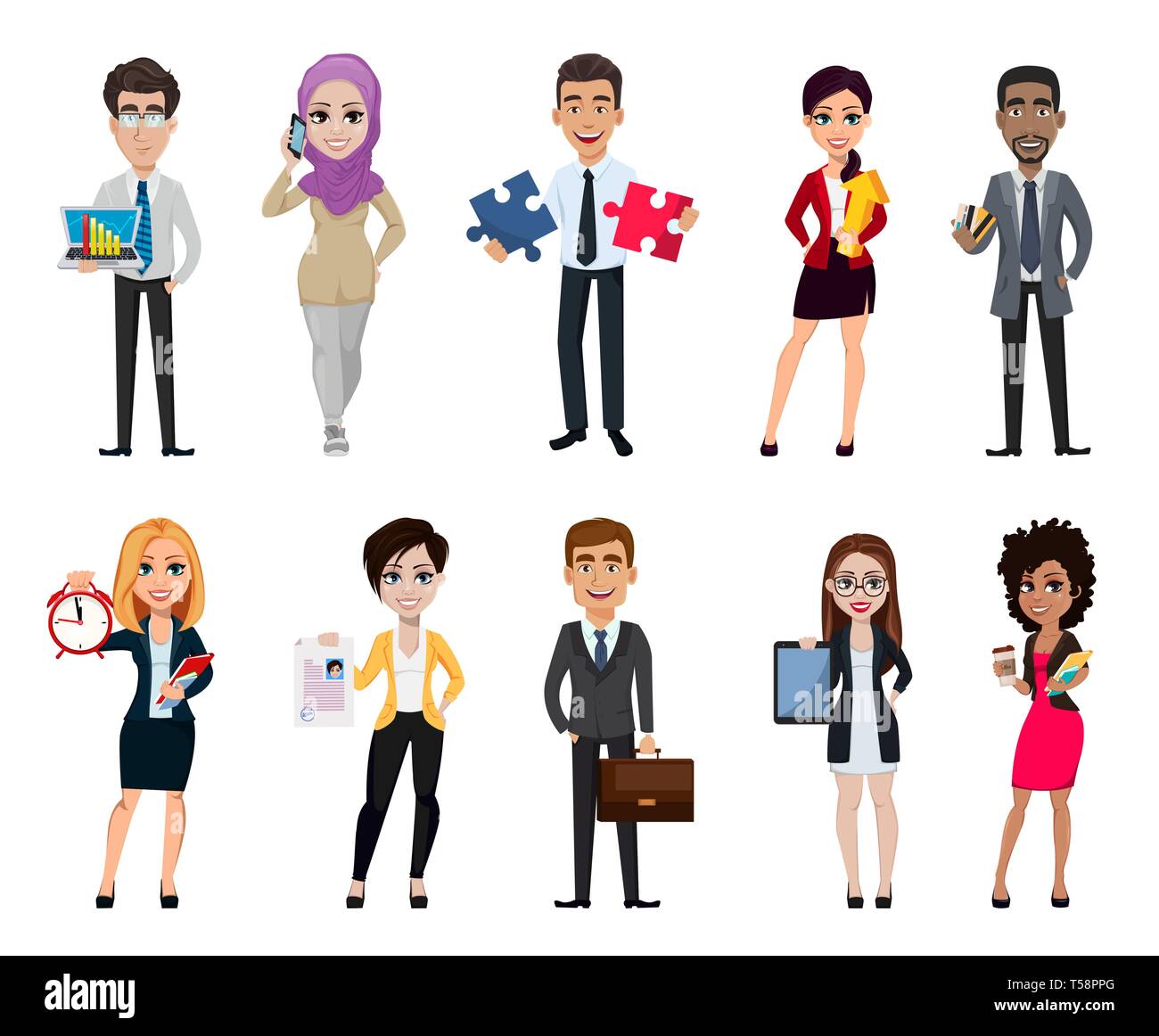 Business people, set of ten cartoon characters. Vector illustration on ...