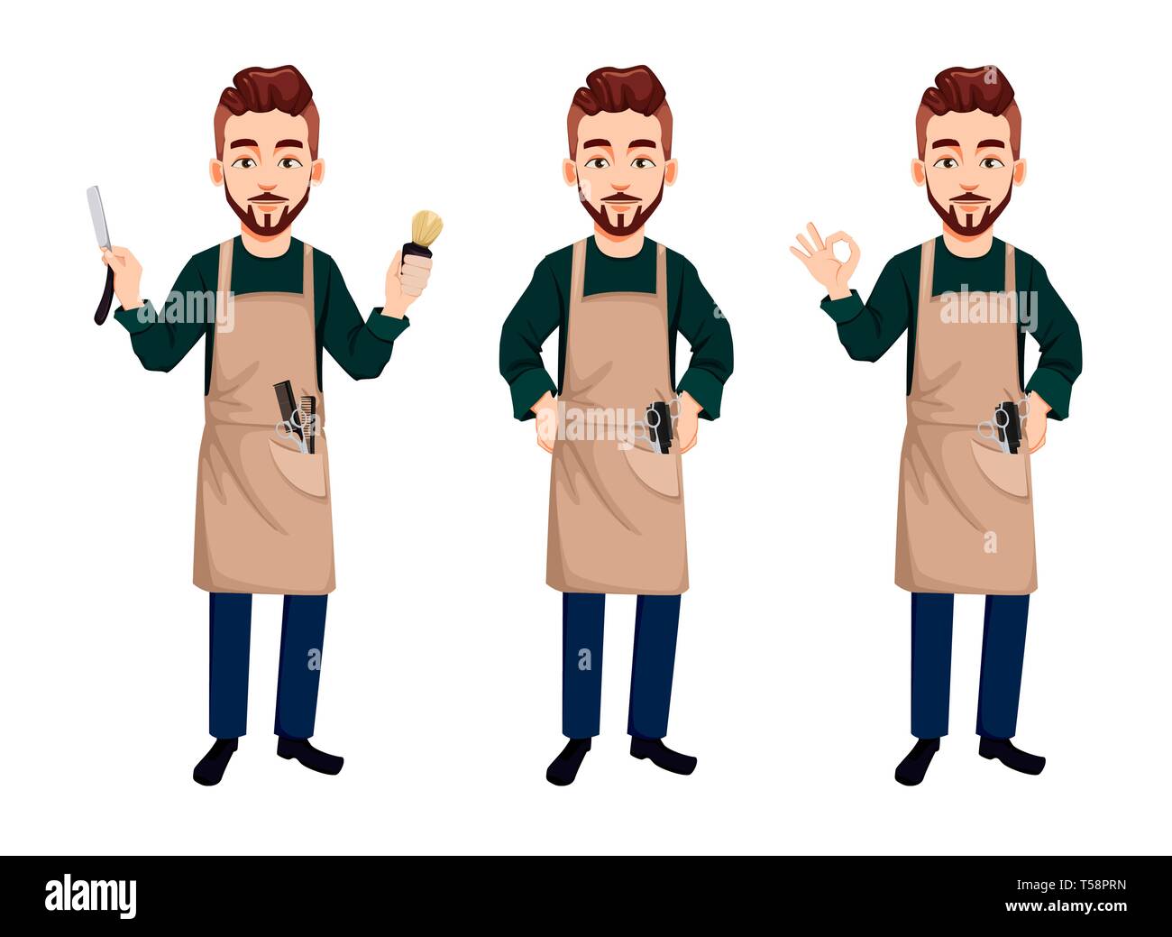 Master barber, set of three poses. Handsome cartoon character holds ...