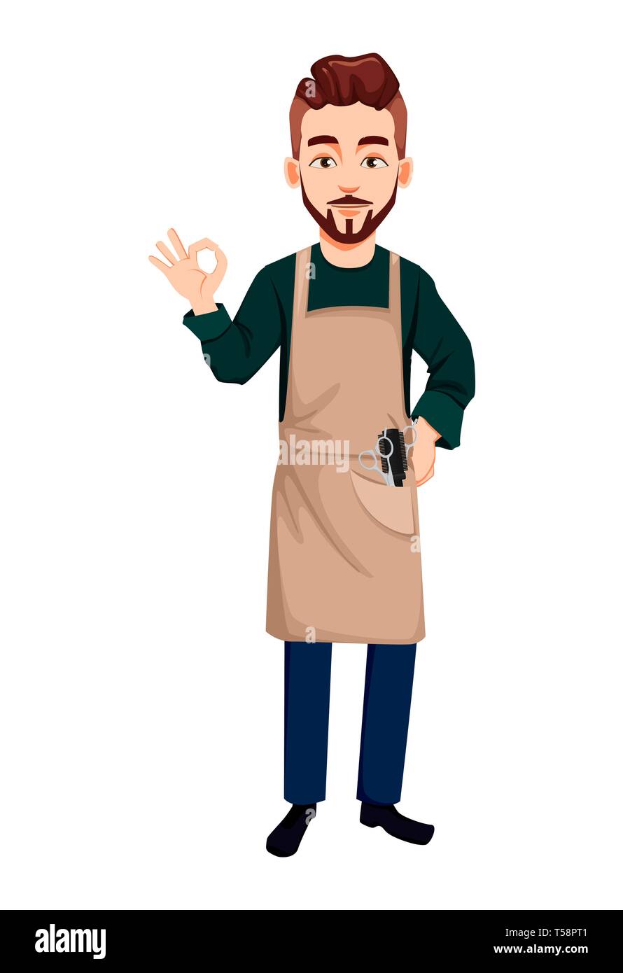 Master barber. Handsome cartoon character showing ok sign. Vector ...