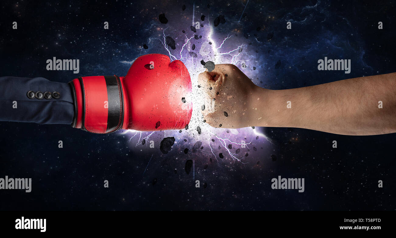Two hands fighting with storm explosion concept Stock Photo - Alamy