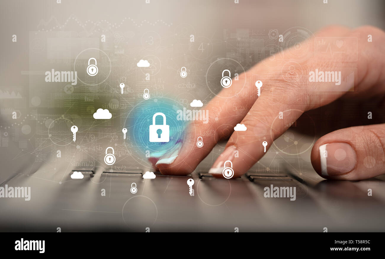 Business woman hand typing on keyboard with secured lock concept around ...